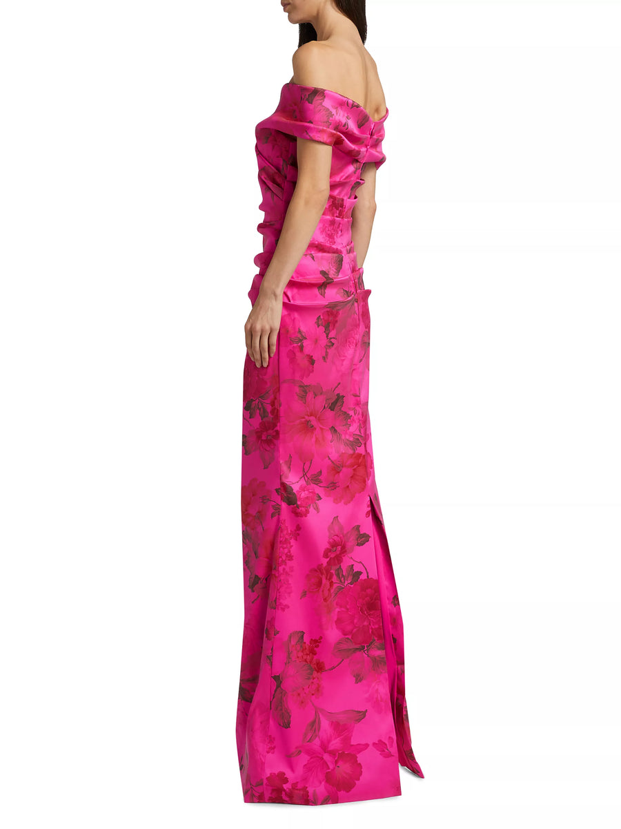 Teri Jon Stretch Printed Gazar Draped Off Shoulder- Pink Floral – By ...